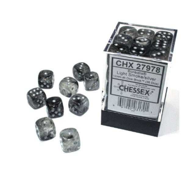 Borealis Light Smoke/silver Luminary 12mm d6 Dice Block (36 dice ...