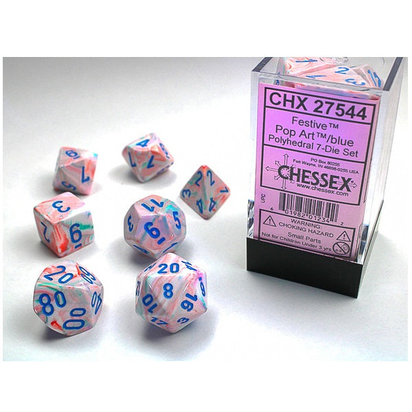 Poly 7 Set: Festive Pop Art w/blue – Grim Dice Tabletop Gaming