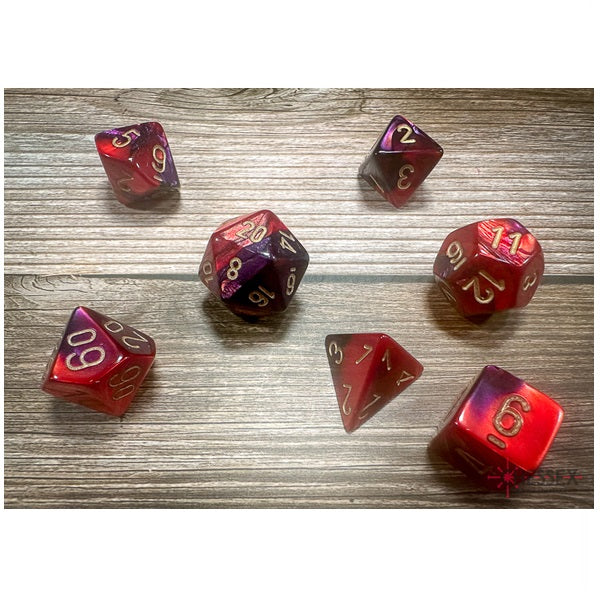 Gemini Poly 7 Set: Purple-Red/Gold – Grim Dice Tabletop Gaming